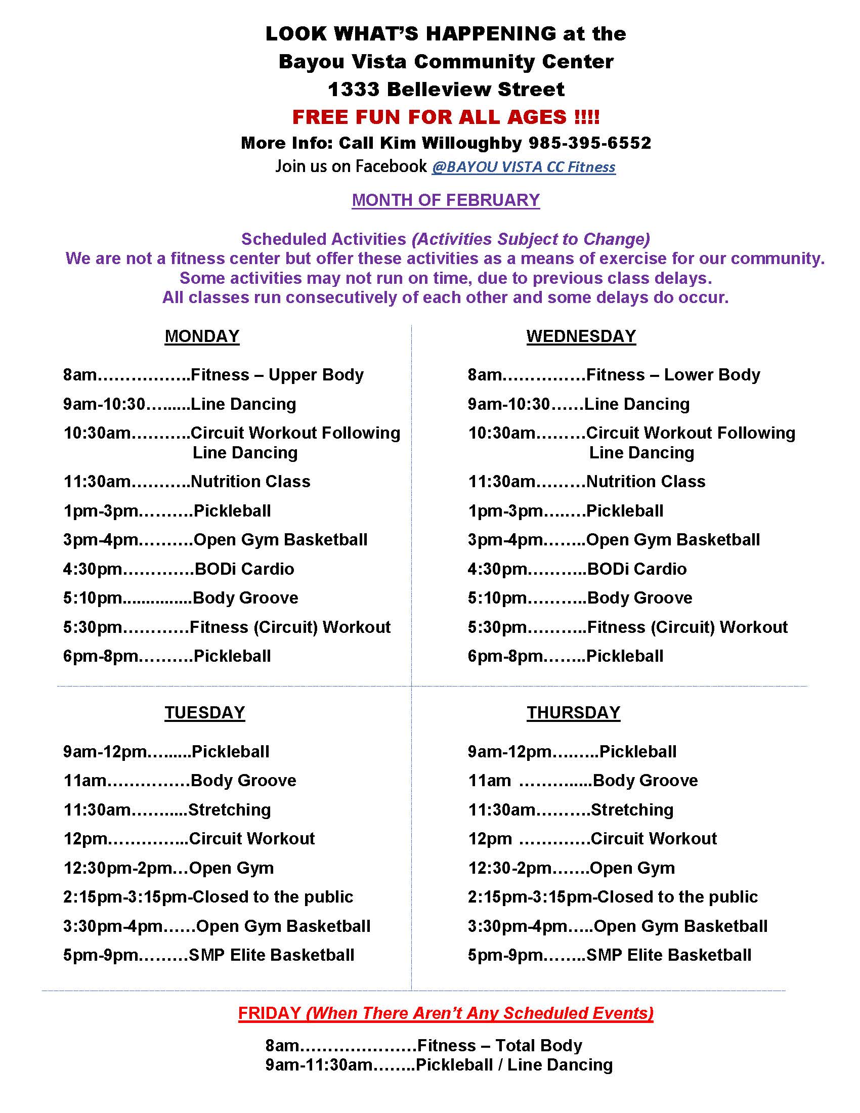 Activity Schedule February - Bayou Vista Community Center